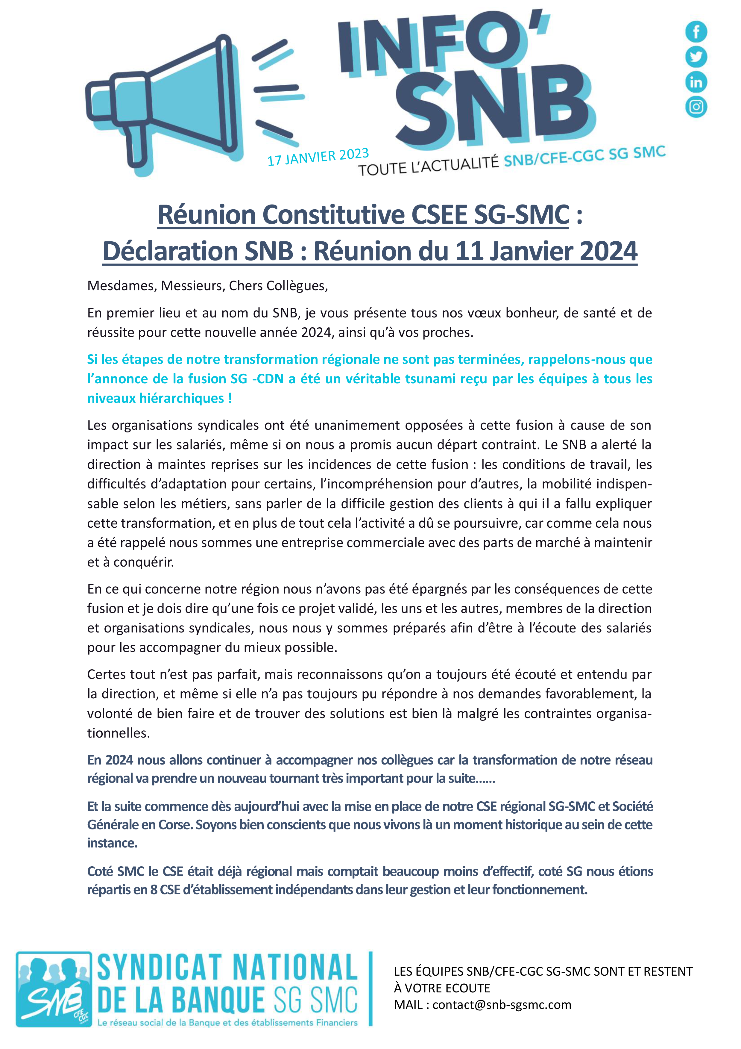 Réunion Constitutive CSEE SG-SMC : Déclaration SNB : Réunion du 11 Janvier 2024 – SNB SG