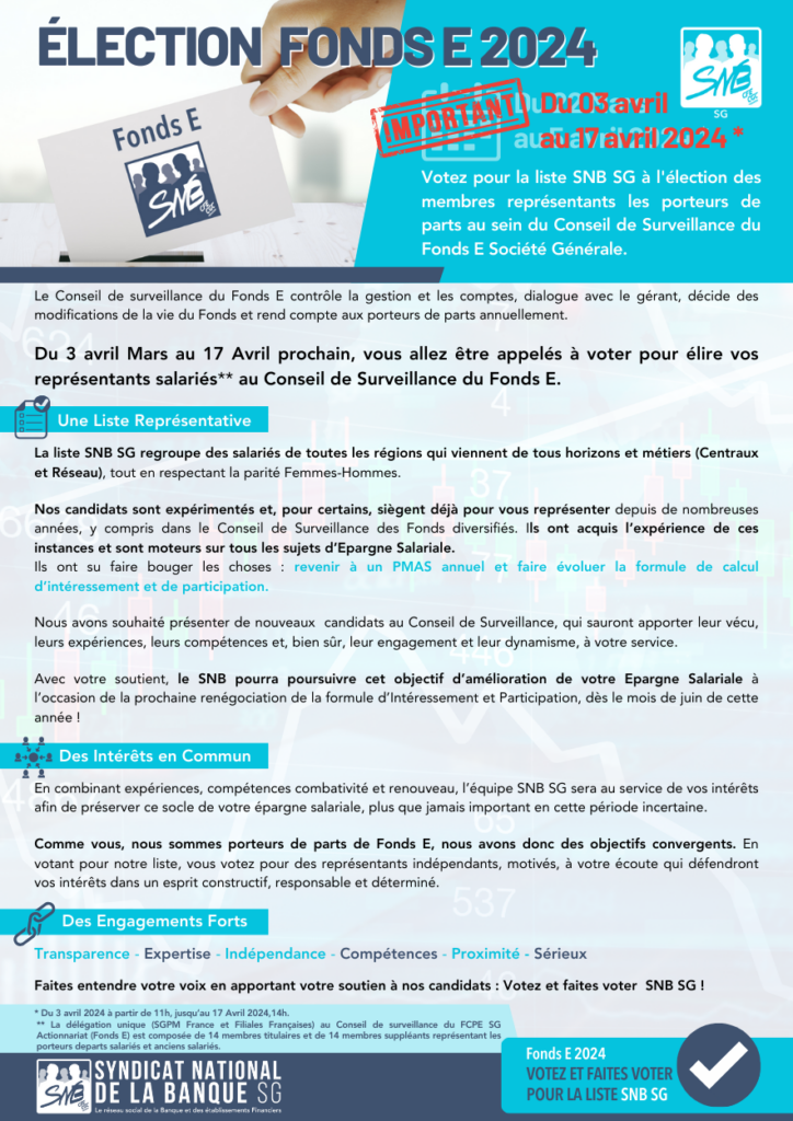 ÉLECTION FONDS E – LE SNB LEADER DE VOTRE ÉPARGNE SALARIALE ! – SNB SG